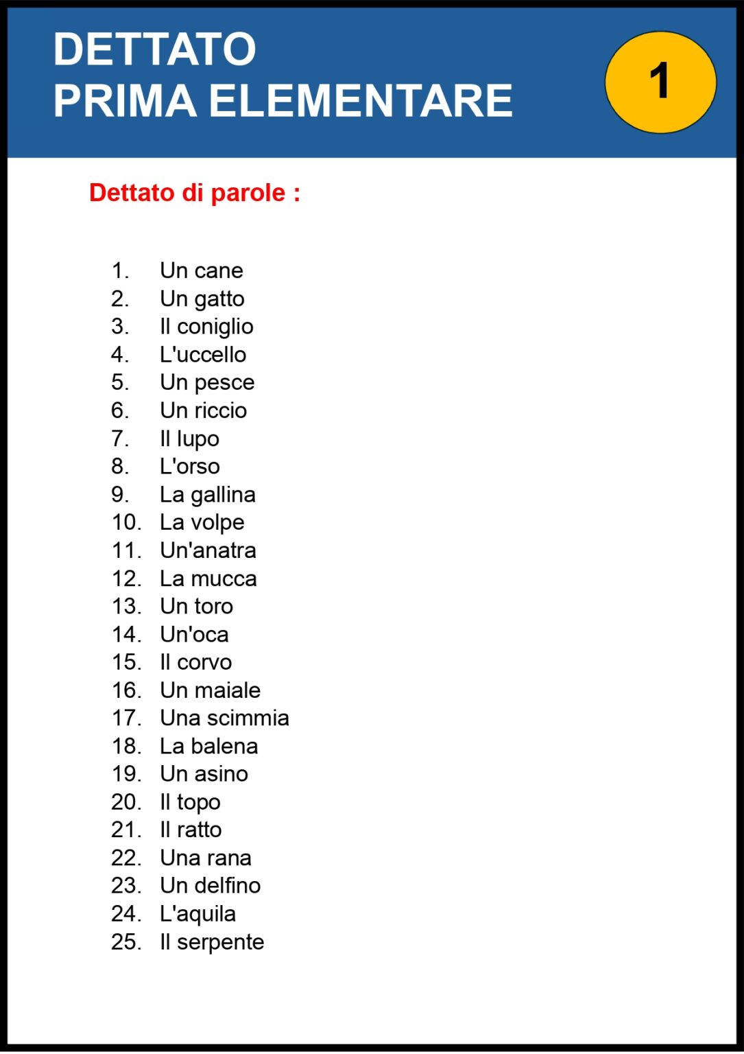 Dettati Prima Elementare : Esercizi Gratuiti (PDF)