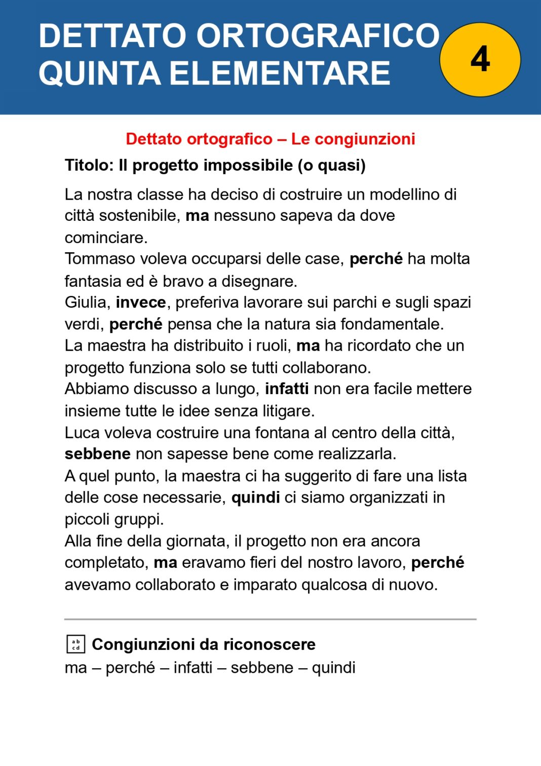 Dettato Ortografico Quinta Elementare da stampare in PDF