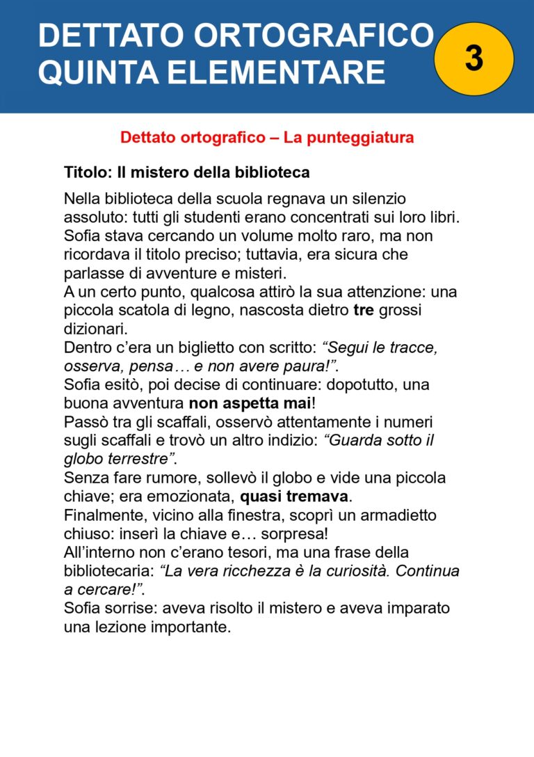 Dettato Ortografico Quinta Elementare da stampare in PDF