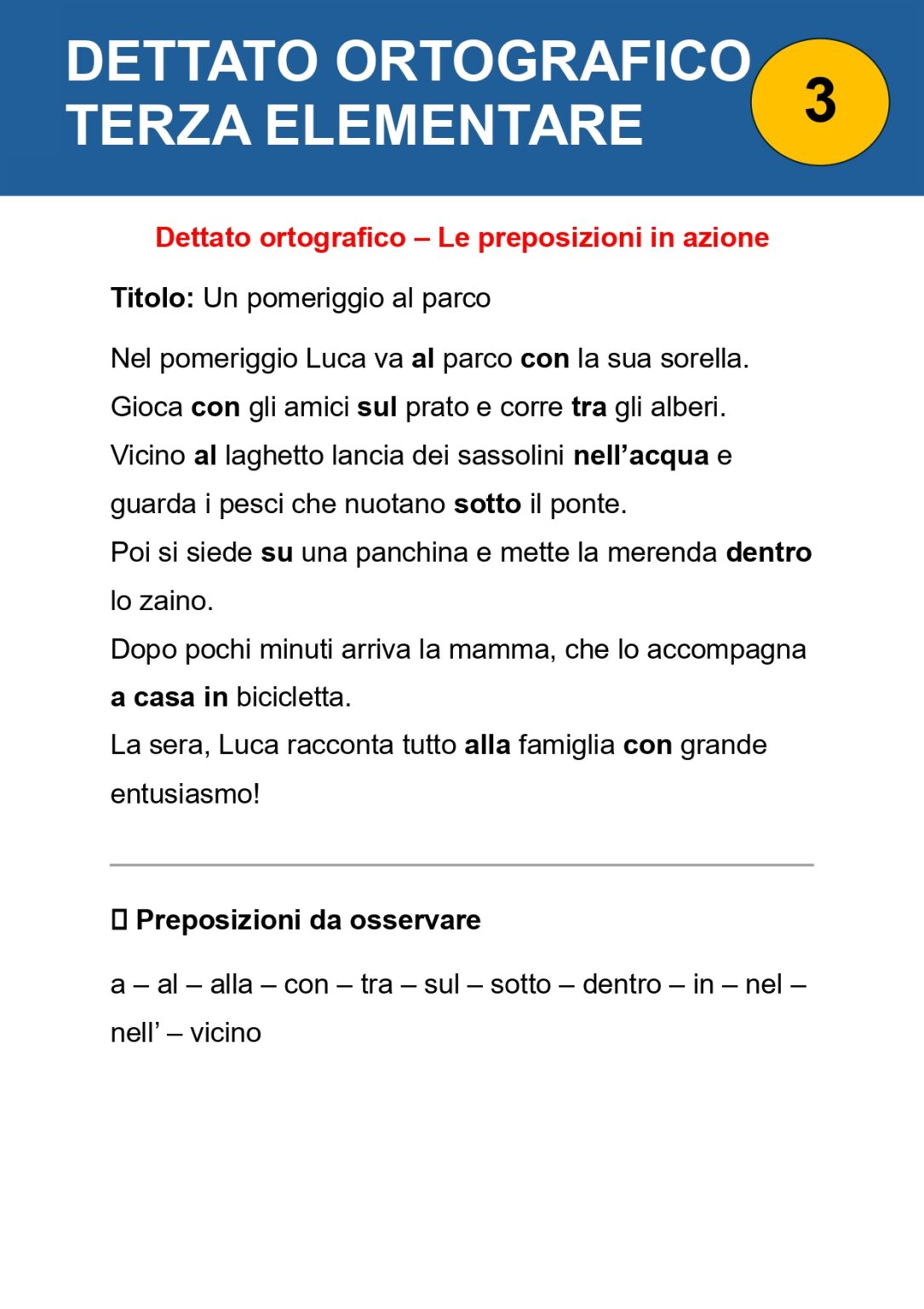Dettato Ortografico Terza Elementare da stampare in PDF