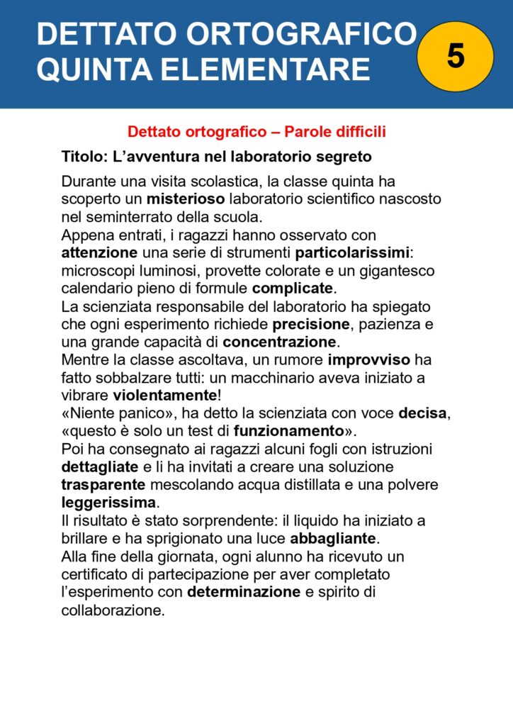 Dettato Ortografico Quinta Elementare da stampare in PDF