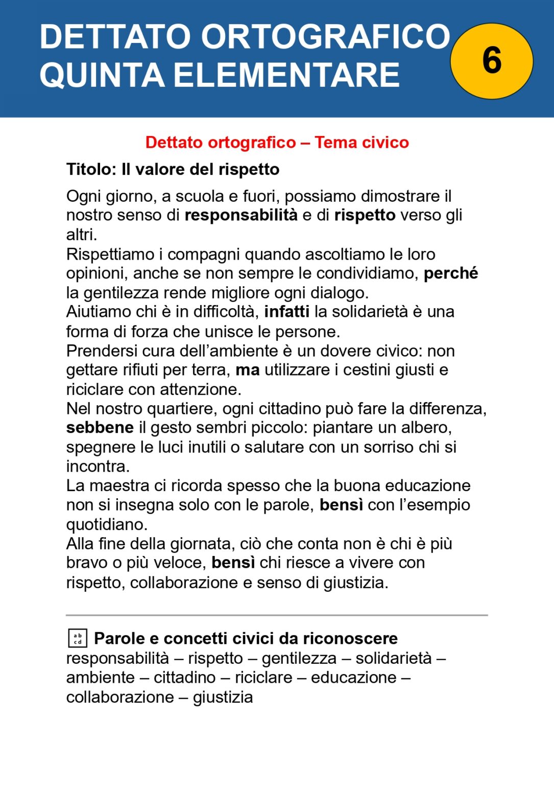 Dettato Ortografico Quinta Elementare da stampare in PDF