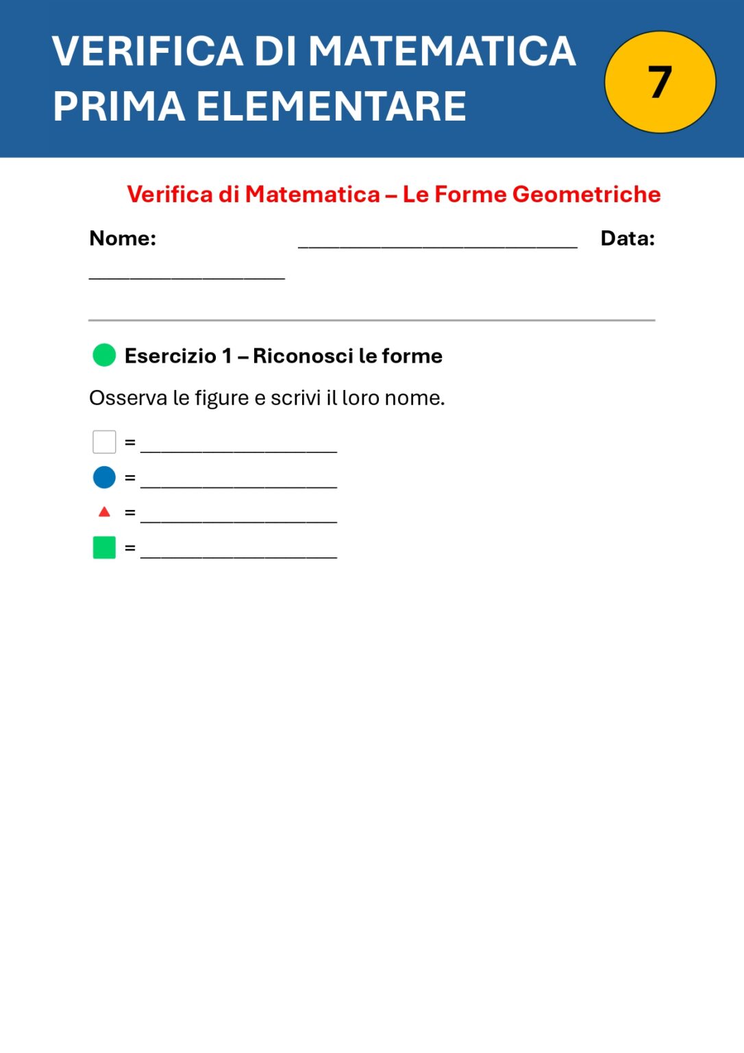 Verifiche di Matematica Prima Elementare da stampare (PDF)