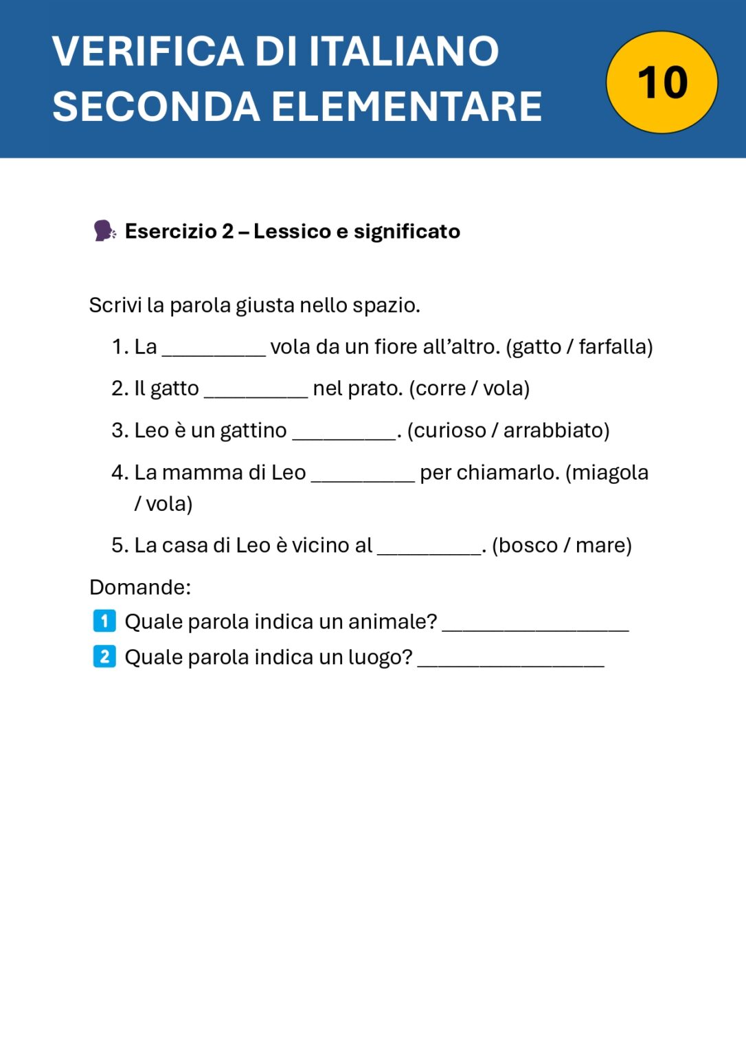 Verifica Italiano Seconda Elementare da stampare (PDF)