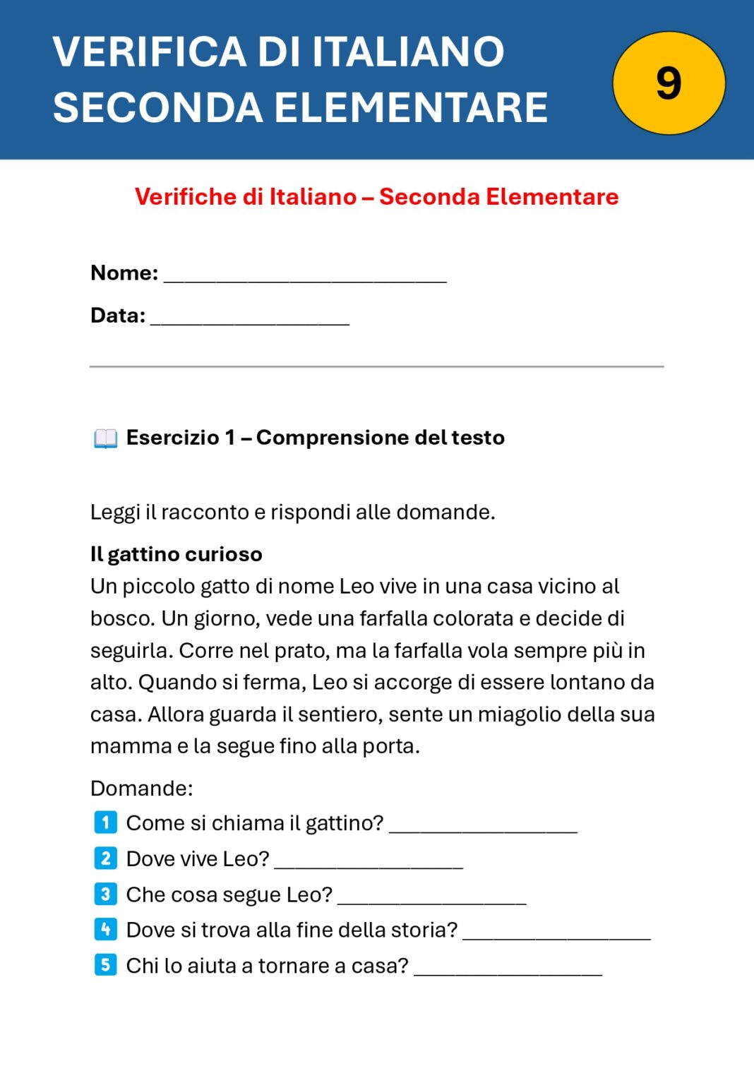Verifica Italiano Seconda Elementare da stampare (PDF)