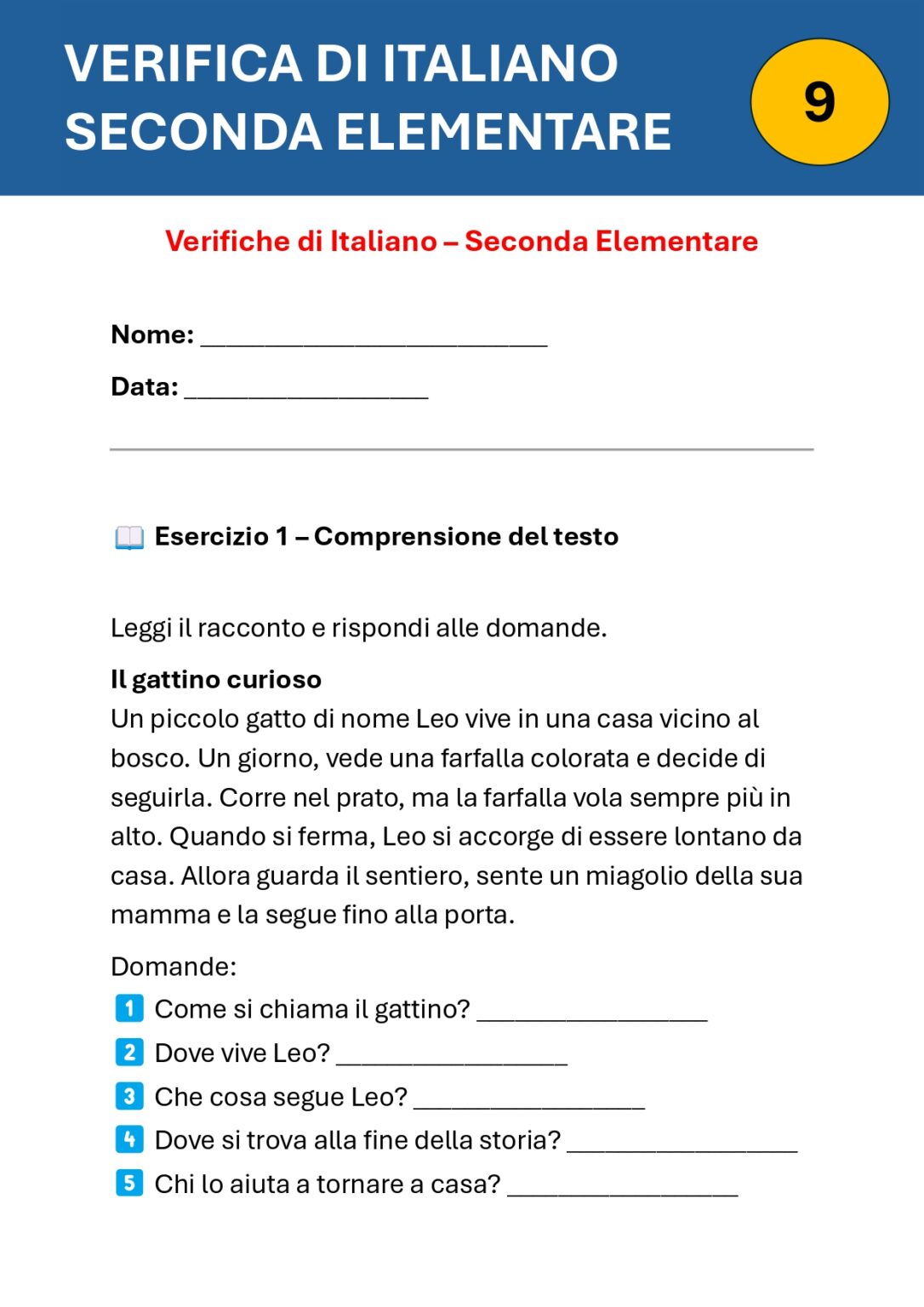 Verifica Italiano Seconda Elementare da stampare (PDF)