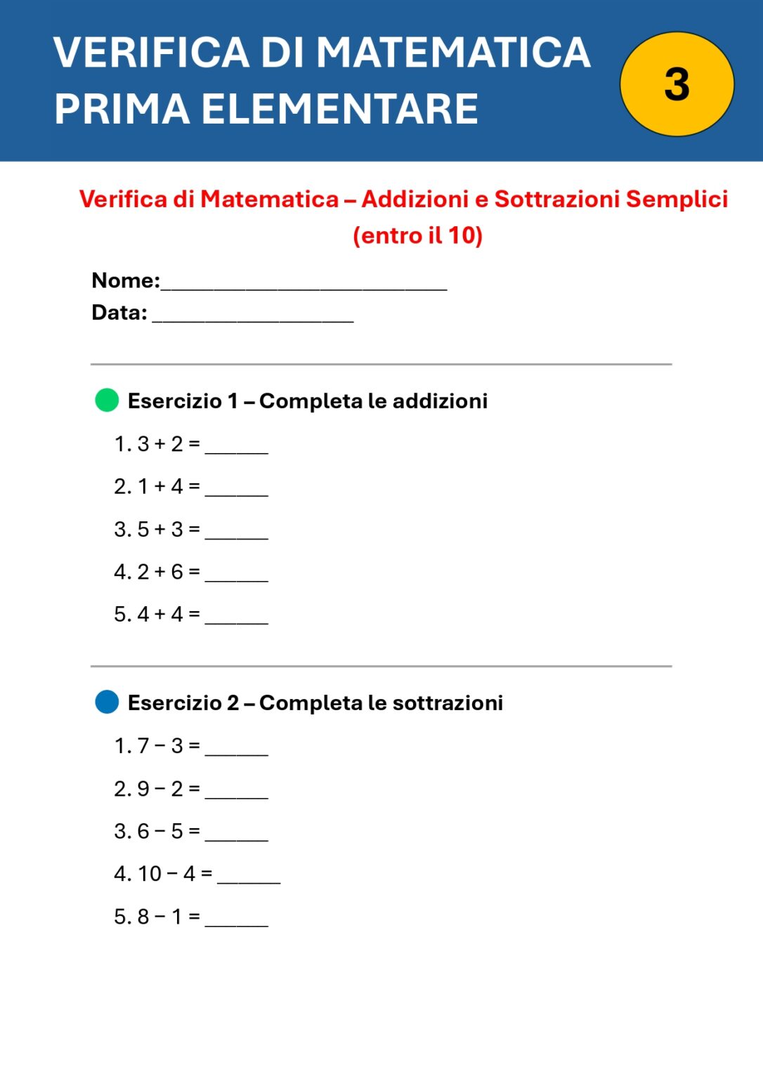 Verifiche di Matematica Prima Elementare da stampare (PDF)