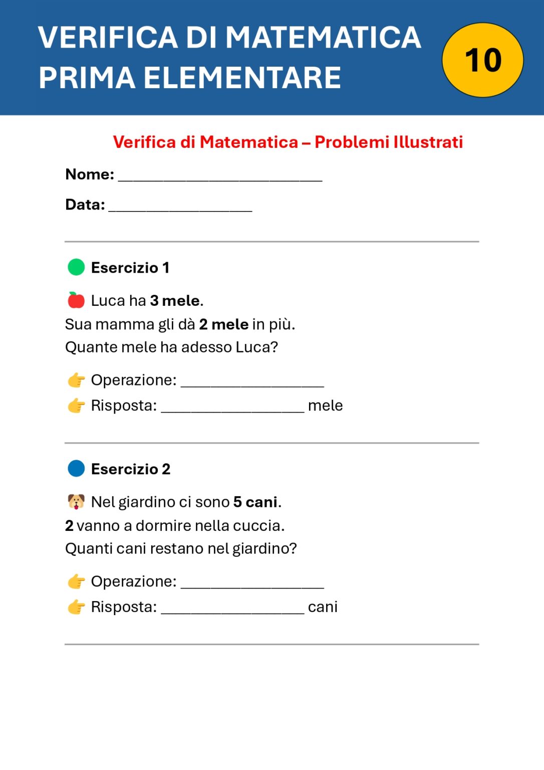 Verifiche di Matematica Prima Elementare da stampare (PDF)