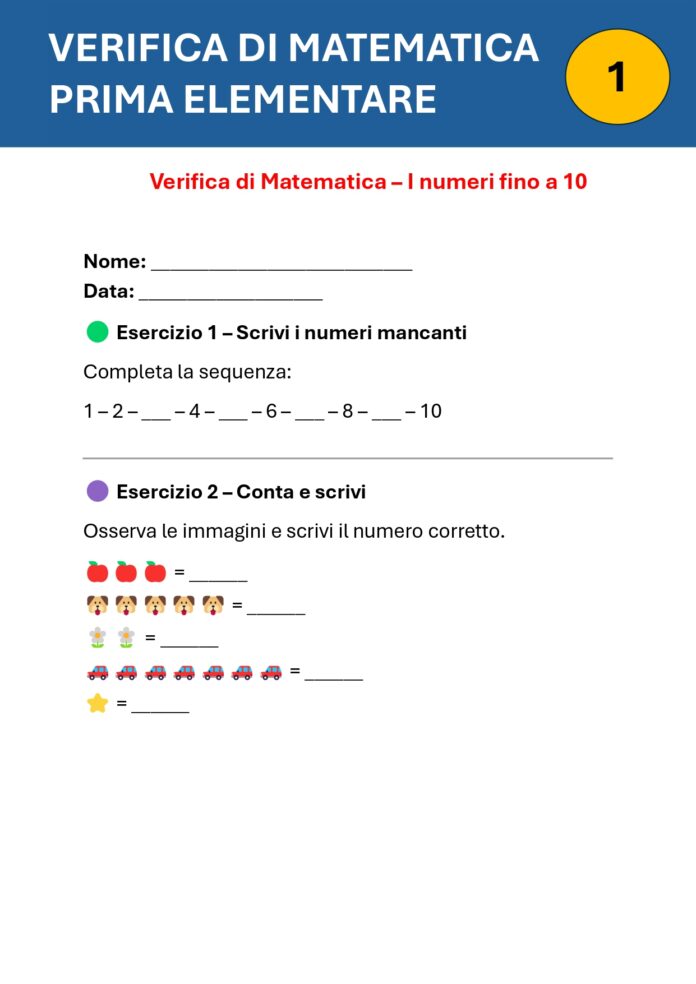 Verifiche di Matematica Prima Elementare da stampare (PDF)