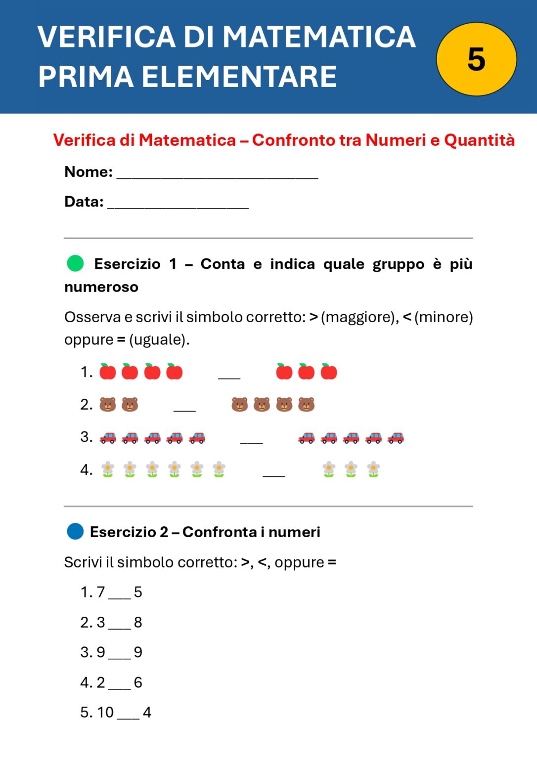 Verifiche di Matematica Prima Elementare da stampare (PDF)