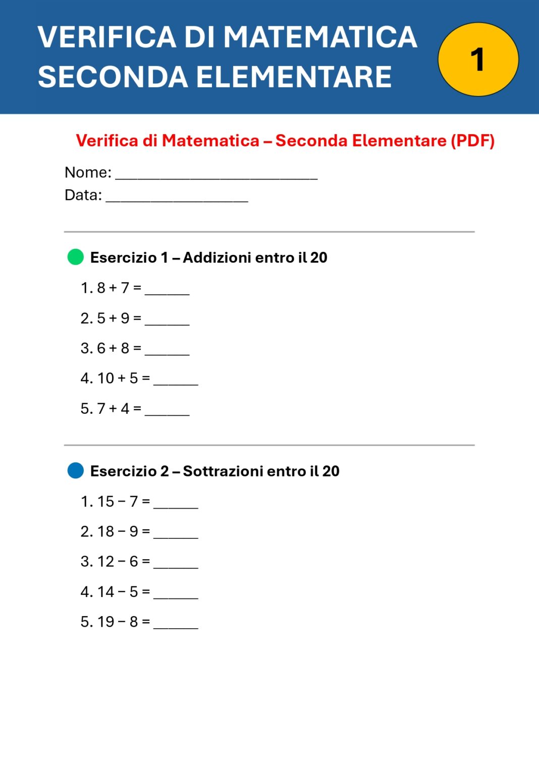 Verifica Matematica Seconda Elementare PDF
