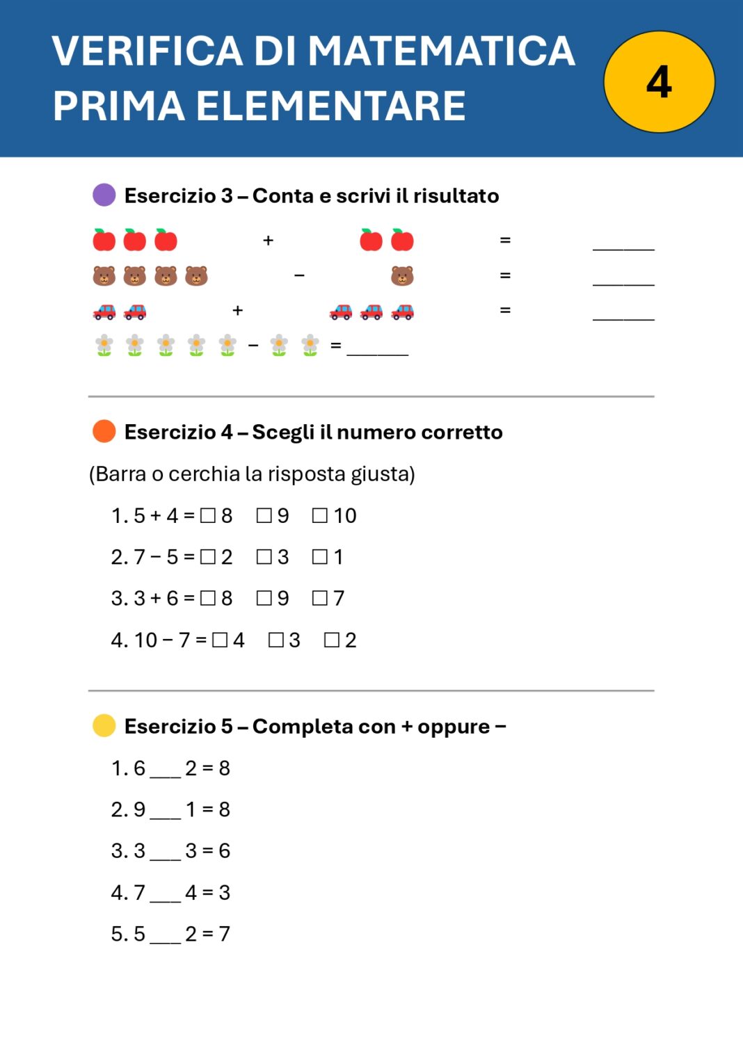 Verifiche di Matematica Prima Elementare da stampare (PDF)