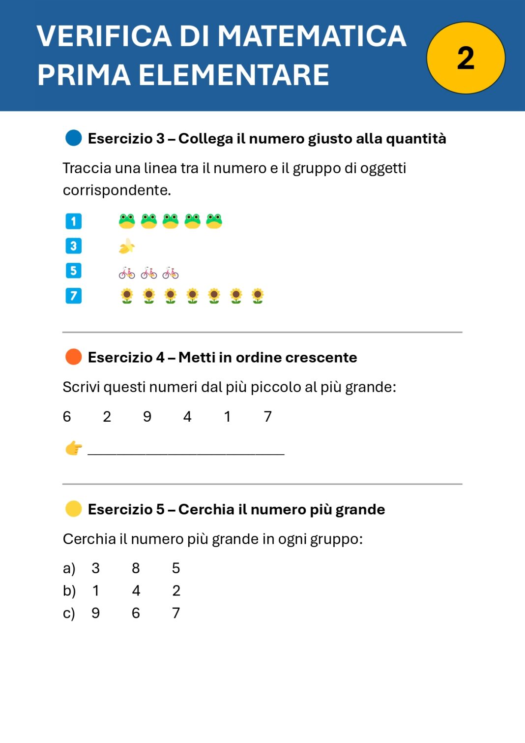 Verifiche di Matematica Prima Elementare da stampare (PDF)