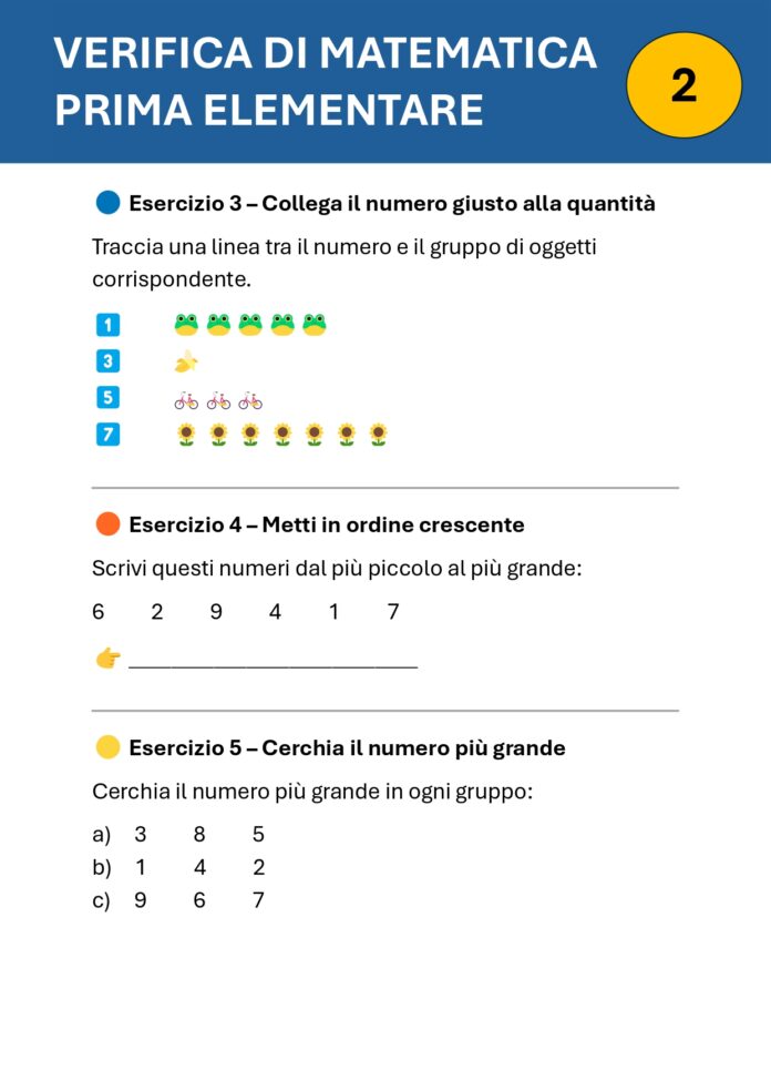 Verifiche di Matematica Prima Elementare da stampare (PDF)